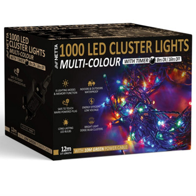 1000 LED Cluster String Lights 12M Indoor/Outdoor Christmas Lights - Multi-Colour