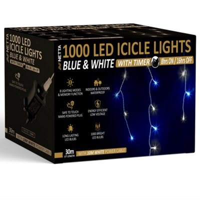 1000 LED Icicle Lights 30M Outdoor - Blue & Cool White, with White ...