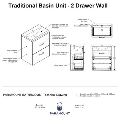 1000mm Traditional 2 Drawer Wall Hung Bathroom Vanity Basin Unit (Fully ...