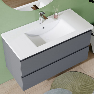 1000mm Vanity Unit with Basin High Gloss Grey Ceramic Sink Wall Hung ...