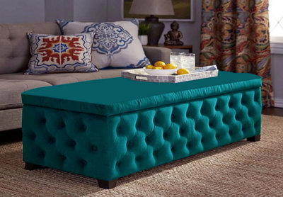 100cm Empire Ottoman Storage Box Teal Plush Velvet Chesterfield Upholstered Coffee Table
