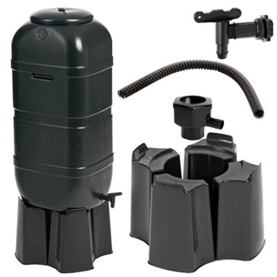 100L Black Slimline Space Saver Water Butt Kit Complete with Stand, Lid ...