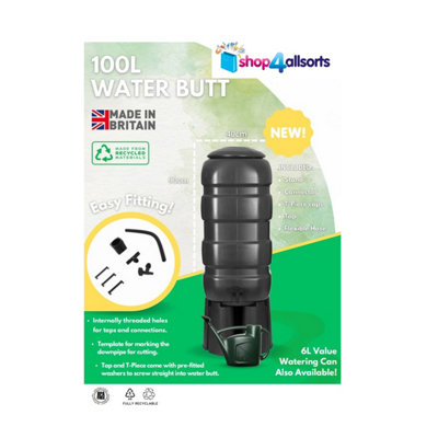 100L Black Water Butt Kit Stand Tap Diverter Space Saving Garden Water ...