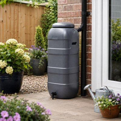 100L Grey Slimline Space Saver Water Butt Barrel with Tap & Lid ...