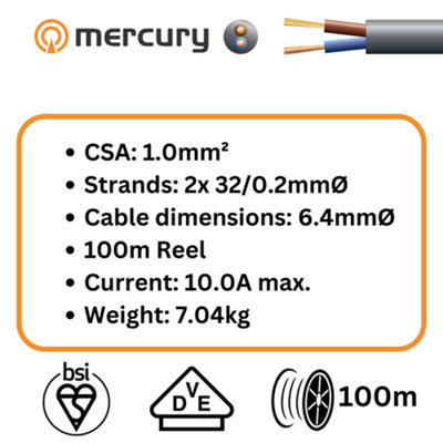 100m Cable 3182Y 2 Core Round PVC, 300/500V, HO5VV-F2, 10A - 100m Reel ...