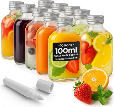 100ml Clear Glass Flask Bottle Set Silver Screw Lid Label Pen ...