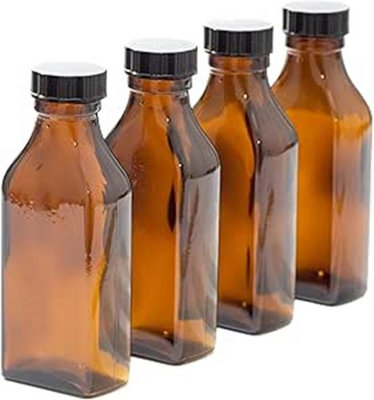 100ml Empty Rectangular Amber Glass Bottle with Black Lids - Pack of 4 ...