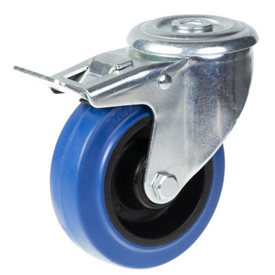 100mm swivel/brake castor with blue elastic rubber on nylon centre wheel