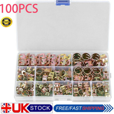 100pc Zinc Plated Spring Hose Clamp Set 6mm-17mm for Fuel & Water Hoses