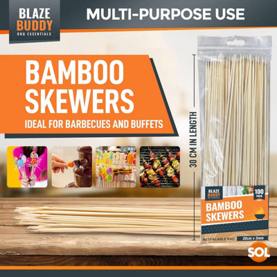 100pk Bamboo Skewers 30cm, Wooden BBQ Sticks for Grilling and Kebabs ...