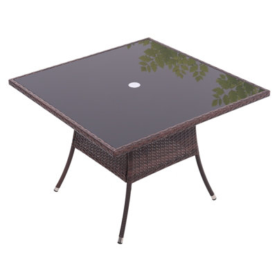 105cm W Rustic Wicker Outdoor Dining Table with Tempered Glass Top and ...
