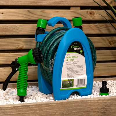 10m Mini Green Garden Hose Pipe and Reel with 7 Function Spray Nozzle ...