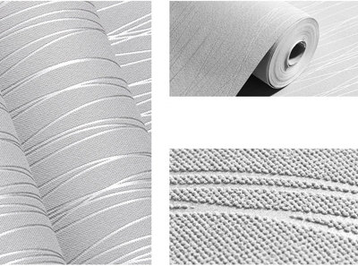 10M Silver Grey 3D Embossed Geometric Curving Linear Wallpaper