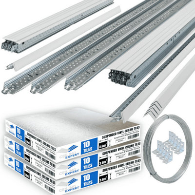10m2 White Suspended Ceiling Grid System 600mm x 600mm Metail Frame Kit With Wipeable Ceiling ...