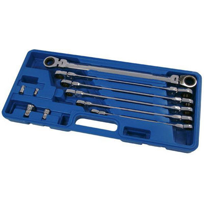 10pc Extra Long Reach Double Ended Flexi Head Ratchet Spanner Pro Set ...
