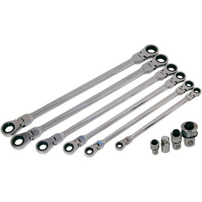 10pc Extra Long Reach Double Ended Flexi Head Ratchet Spanner Pro Set ...