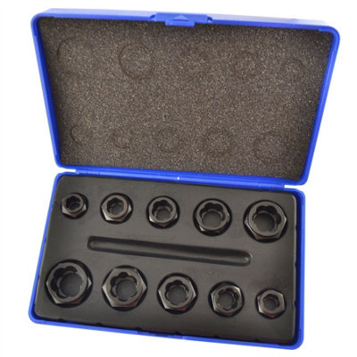 10pc Nut Style Bolt Twist Socket Wheel Lock Nut Remover Extractor Set