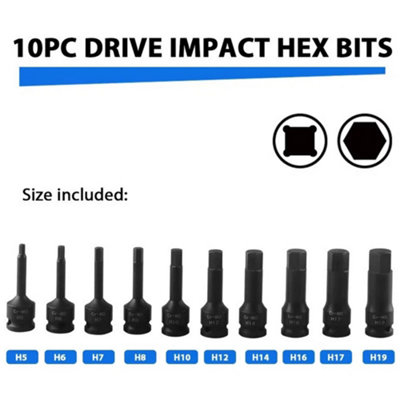 10pcs 1/2" Drive IMPACT HEX BIT Socket Set Impact Allen Keys Hex H5 H7 ...