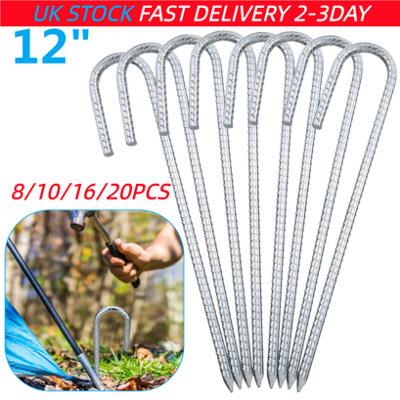 10Pcs 12" Heavy Duty Galvanised Steel J Shaped Ground Stakes Gazebo ...