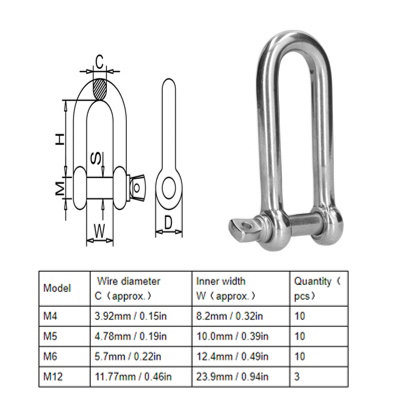 10Pcs M5 Long D Shackle 304 Stainless Steel Straight Anchor Screw Pin Chain Wire Rope Connectors