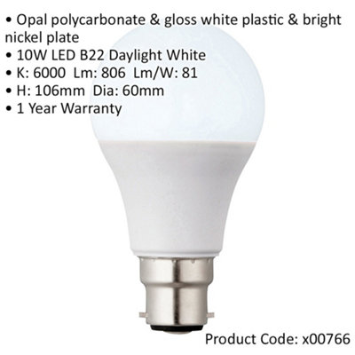 10W B22 GLS Light Bulb - 6000k Daylight White Temp - Indoor/Outdoor LED ...