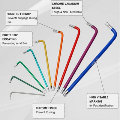 10x Allen Key Set Hex Metric Ball End Long Folding Colour Coded Design ...
