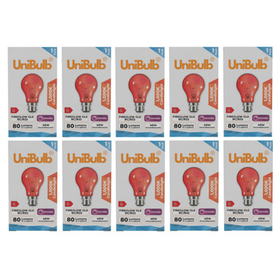10x UniBulb B22 GLS 40W 1000K Fireglow Red Light Bulb - Pack of 1