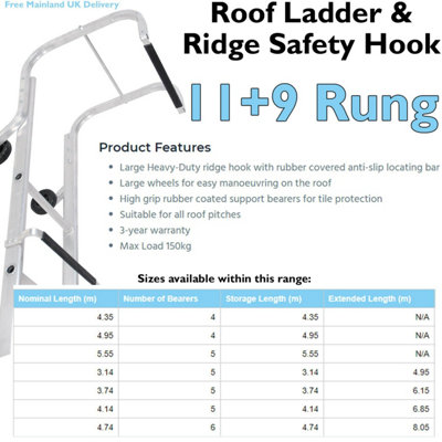 11 + 9 Rung Roof Ladder with Ridge Safety Hook - 4.8m Double Section ...