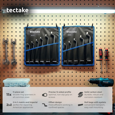 11-piece double ring spanner set, metric and imperial - black/silver