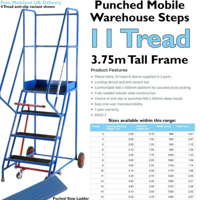 11 Tread Mobile Warehouse Safety Ladder with Punched Steps - EN131 7 Blue