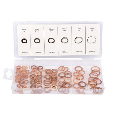 110 x Assorted Copper Ring Washers 6-16mm for Sump Plugs and Hydraulic ...