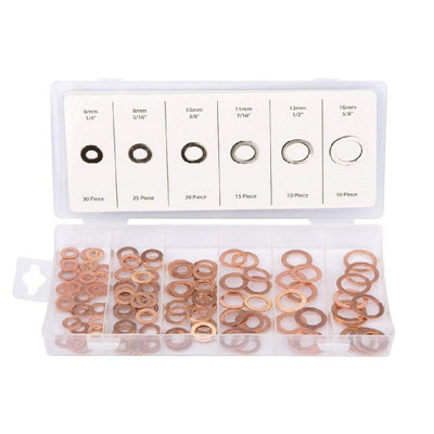 110 x Assorted Copper Washers 6-16mm for sealing fluids and liquids