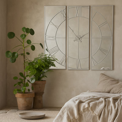 110cm Oversized Square Mirrored Wall Clock - Triple-Panel Skeleton ...