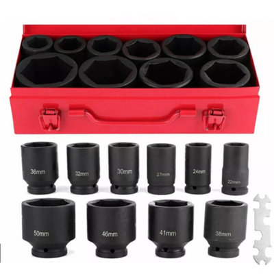 11PC 3/4" DRIVE DEEP IMPACT Socket Set 22-50mm HGV Long Reach Impact ...