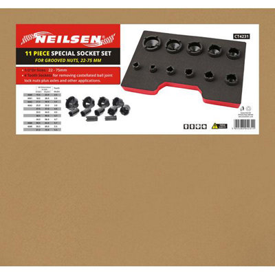 11pc Special Socket Set For Grooved Nuts, 22-75mm (Neilsen CT4231)
