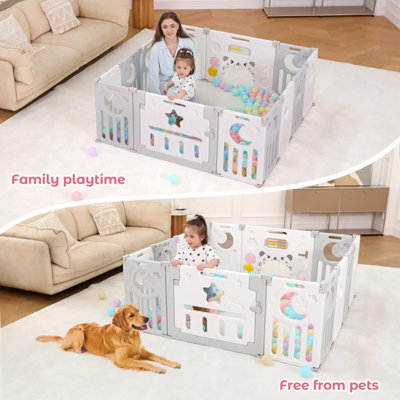 12+2 Panel Baby Foldable Playpen with Safety Gate 25 Sq.ft - Grey White