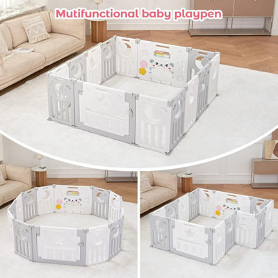 12+2 Panel Baby Foldable Playpen with Safety Gate 25 Sq.ft - Grey White