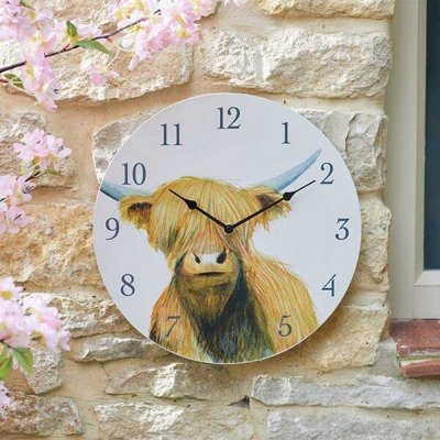 12" Garden Wall Highland Cow Clock Outdoor Weather Resistant Decorative ...