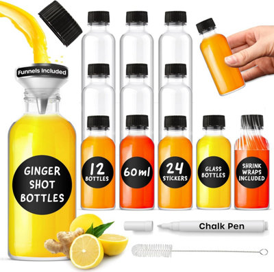 12 Glass Juice Bottles - 60ml Reusable Leakproof Bottles for Heath ...