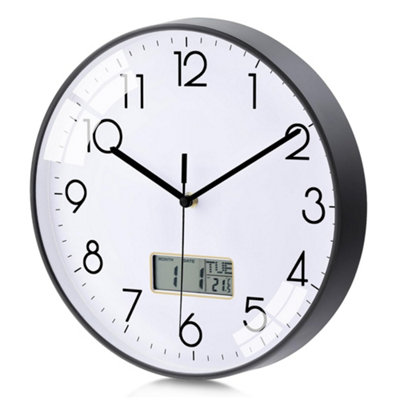 12 Inch Silent Wall Clock with Date and Day Temperature Day of Week LCD ...