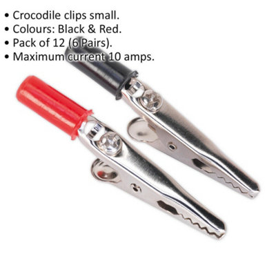 12 PACK 55mm Small Crocodile Clips - SIX PAIRS - 10 Amps Max - Red & Black