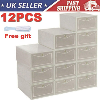 12 PACK STACKABLE WHITE PLASTIC SHOE DRAWER STORAGE BOXES - WARDROBE ...