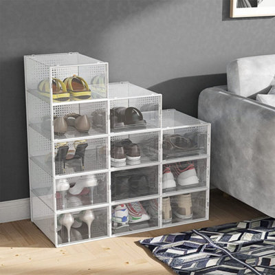 12 PACK WHITE SQUARE DOOR SHOE BOX DOUBLE FRAME FOLDABLE MULTI-LAYER ...
