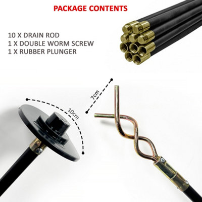 12 Piece 9m Drain Rods Plumbing Rod Set Cleaning Drainage Worm Screw ...