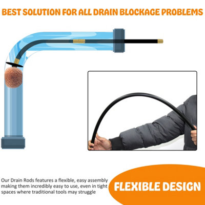 12 Piece 9m Drain Rods Plumbing Rod Set Cleaning Drainage Worm Screw ...