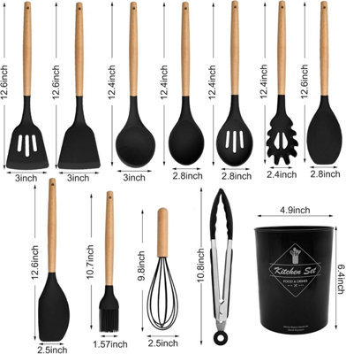 12-piece silicone kitchen utensil set with wooden handles