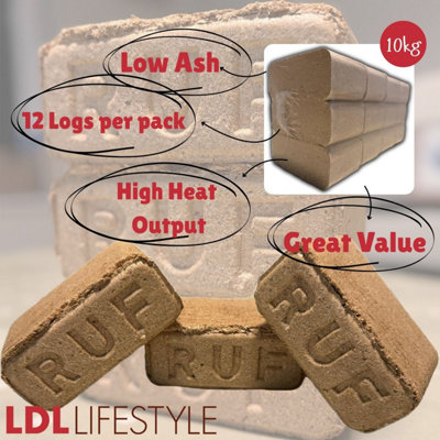 12 RUF Briquettes 10kg Compressed Wood Eco Friendly Heat Bricks Blocks ...