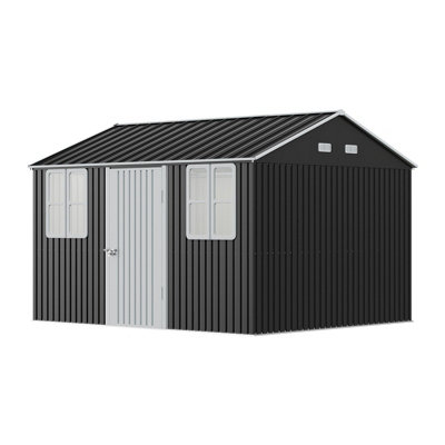 12 x 10ft Metal Shed Outdoor Apex Roof Garden Tool Shed Charcoal Black
