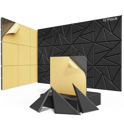 12 x Black Square Self Adhesive Acoustic Wall Panels Sound Proofing Pad Set