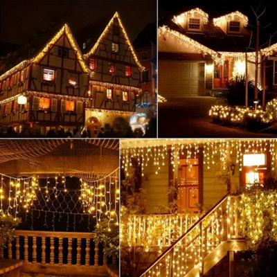 1200 Warm Yellow LED Solar Powered Icicle Light String with remote ...